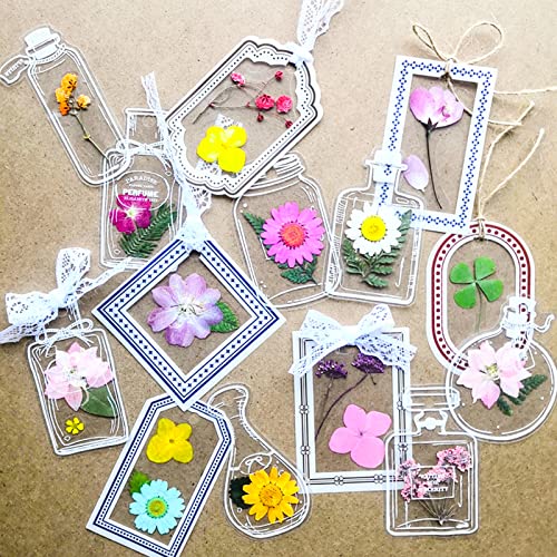 30pcs Dried Flower Bookmark ,Transparent Flower Bookmarks Floral Page Label, Perfume Bottle DIY Dried Flower Page Clips with 236 inch of Lace Trim, Flower Bookmark Maker Specimen for Home School Book