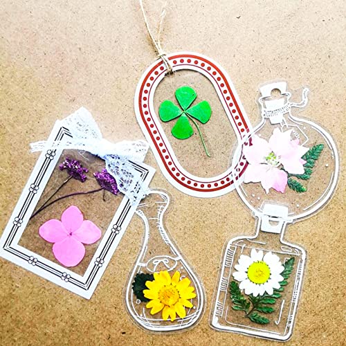 30pcs Dried Flower Bookmark ,Transparent Flower Bookmarks Floral Page Label, Perfume Bottle DIY Dried Flower Page Clips with 236 inch of Lace Trim, Flower Bookmark Maker Specimen for Home School Book