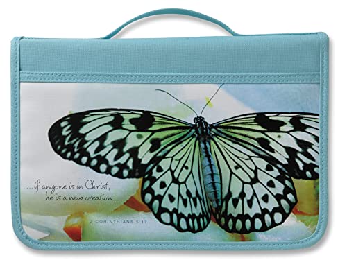 2 Corinthians 5:17 Butterfly Bible Cover for Women, Zippered, with Handle, Canvas, Aqua, Large