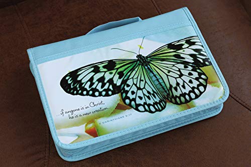 2 Corinthians 5:17 Butterfly Bible Cover for Women, Zippered, with Handle, Canvas, Aqua, Large