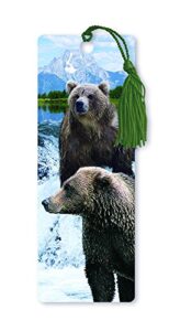 dimension 9 3d lenticular bookmark with tassel, grizzly bears featuring lake and snowy mountains (lbm068)