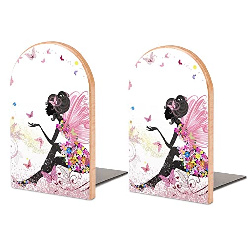 Hon-Lally Flower Fairy Girl with Pink Wing Elves Butterflies Pattern Wood Bookends Decorative Bookend Non-Skid Office Book Stand for Books Office Files Magazine, Wood-style, One Size