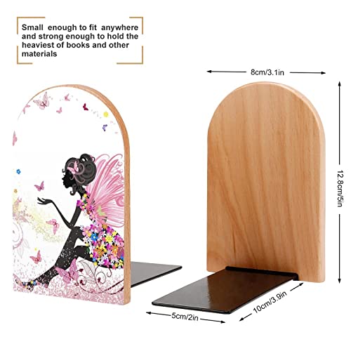 Hon-Lally Flower Fairy Girl with Pink Wing Elves Butterflies Pattern Wood Bookends Decorative Bookend Non-Skid Office Book Stand for Books Office Files Magazine, Wood-style, One Size