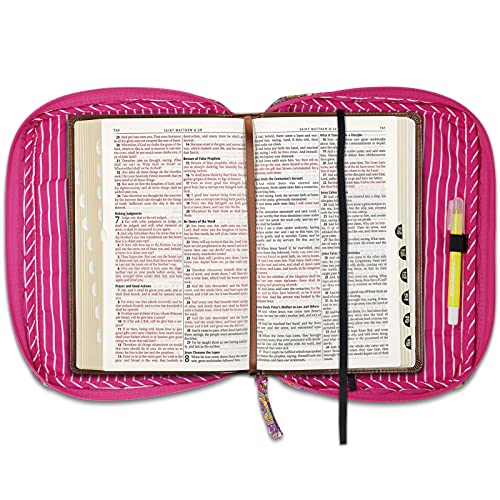 Bible Covers for Women, Quilted Bible Case Pink Floral Cotton Cloth with Handle and Pocket, Large 10x7x2.7 Inches