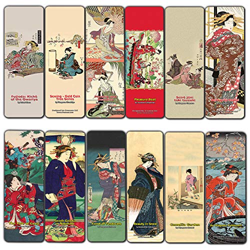 Creanoso Japanese Ladies Bookmarks (60-Pack) Oiran Geisha Kimono Woodblock Print – Inspirational Japanese Art Impressions Bookmarker Cards – Premium Gift Collection for Men & Women, Teens – Page Clip