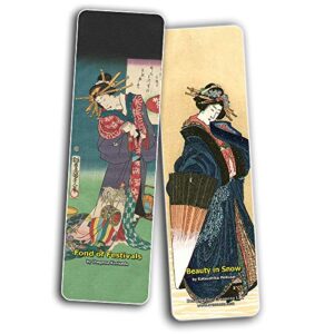 Creanoso Japanese Ladies Bookmarks (60-Pack) Oiran Geisha Kimono Woodblock Print – Inspirational Japanese Art Impressions Bookmarker Cards – Premium Gift Collection for Men & Women, Teens – Page Clip