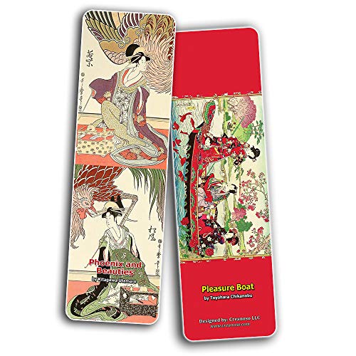 Creanoso Japanese Ladies Bookmarks (60-Pack) Oiran Geisha Kimono Woodblock Print – Inspirational Japanese Art Impressions Bookmarker Cards – Premium Gift Collection for Men & Women, Teens – Page Clip