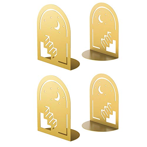 QiMing Stars Moon Ladder Bookends for Books,2 Pair Metal Dream Book Holders for Office Shelves Adults & Kids Gift(Gold*2)