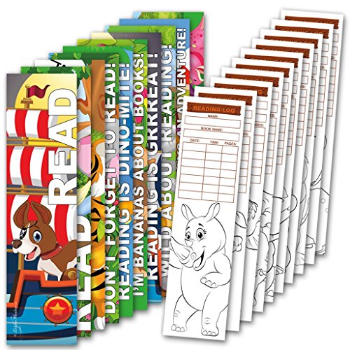 30 Assorted Coloring Bookmarks with Reading Logs (10 Designs, 3 Each)