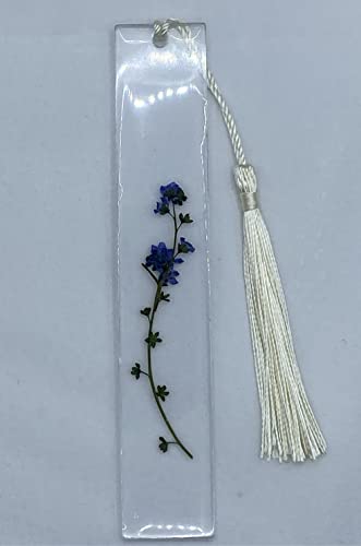 Dried Flower Bookmark, Blue Forget-Me-Not Handmade Transparent Resin Bookmarks with Tassels