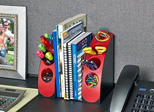 AdirOffice Smart Quarter Bookends & Office Desk Organizer - Heavy Duty Plastic w Non Skid Bottom - Includes Storage Wells to Keep Your Pens/Pencils in Place for Office/School/Library (Black and White)