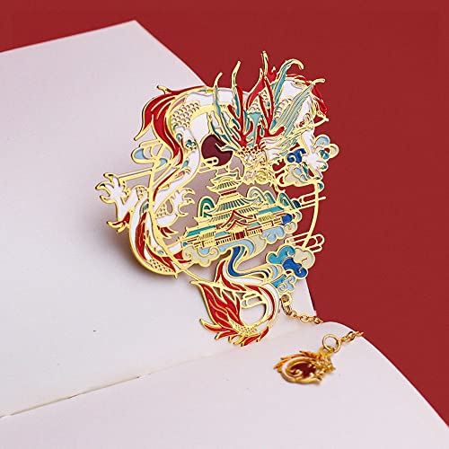 WEISHA Bookmarks Chinese Retro Carving Metal Bookmarks Hollow Out Book Clip with Pendant Pagination Mark School Supplies(Dragon)