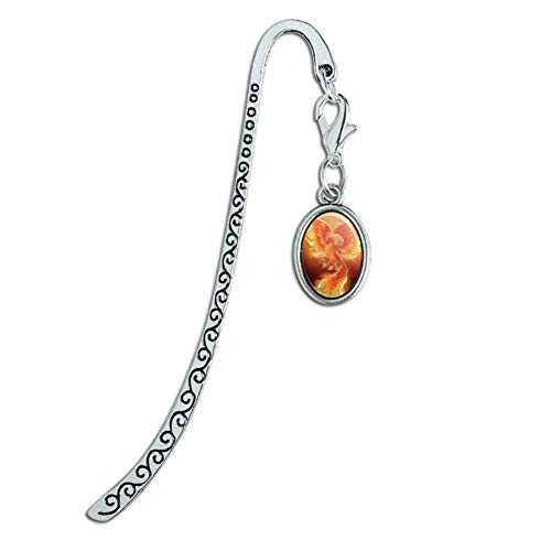 Phoenix Rising from the Flames Metal Bookmark Page Marker with Oval Charm