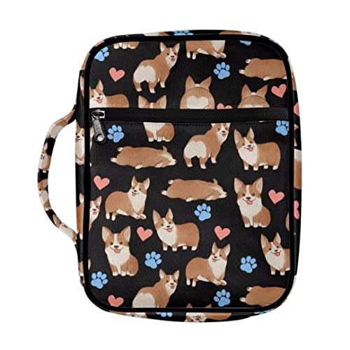 Poetesant Corgi Dog Book Cover for Kids Cute Puppy Dogs Bible Holder Case with Handle Dog Paws Bible Protective Bags Cartoon Corgi Book Carrying Case for Women