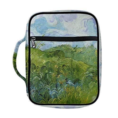 Poetesant Van Gogh Bible Cover for Women Green Wheat Fields Book Case Oil Painting Art Bible Handle Purses with Handle Scripture Book Carrying Case Church Bag