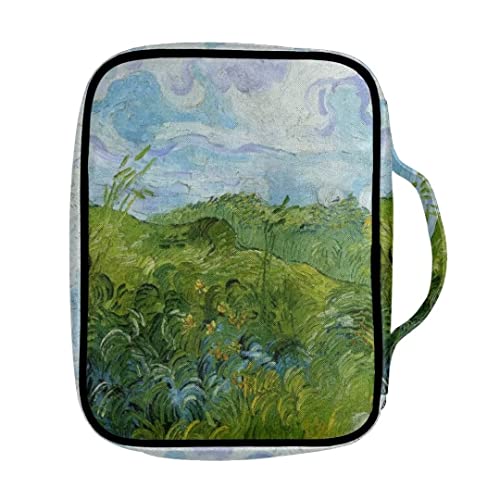 Poetesant Van Gogh Bible Cover for Women Green Wheat Fields Book Case Oil Painting Art Bible Handle Purses with Handle Scripture Book Carrying Case Church Bag