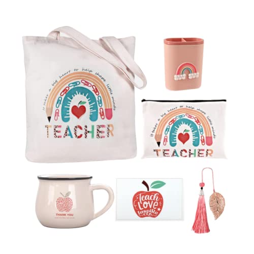 PIHOOD Teacher Gifts, Teacher Appreciation Gifts, Teacher Christmas Gifts- Includes Canvas Tote Bag, Coffee Mug, Pouch Bag, Bookmark, Pen holder, Notebooks and Greeting Card