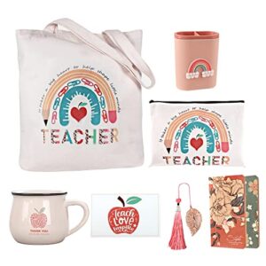 PIHOOD Teacher Gifts, Teacher Appreciation Gifts, Teacher Christmas Gifts- Includes Canvas Tote Bag, Coffee Mug, Pouch Bag, Bookmark, Pen holder, Notebooks and Greeting Card