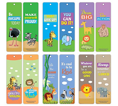 Creanoso Safari Animals Motivational Bookmark Cards (12-Pack) – Premium Quality Set – Inspiring Inspirational Words for Boys, Girls, Kids – Six Assorted Bookmarks Designs Pack