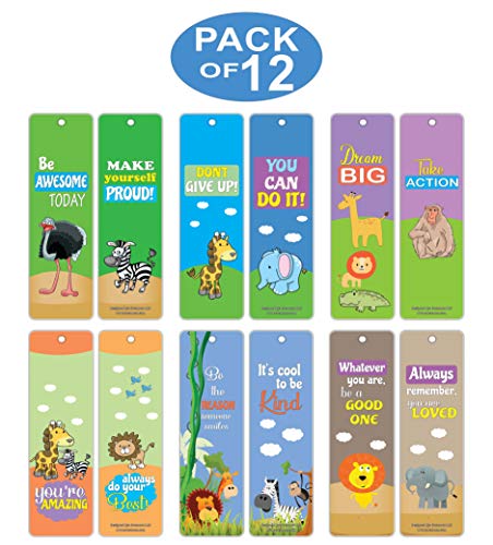 Creanoso Safari Animals Motivational Bookmark Cards (12-Pack) – Premium Quality Set – Inspiring Inspirational Words for Boys, Girls, Kids – Six Assorted Bookmarks Designs Pack