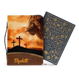 Jesuspirit - Lion & Cross - Zippered Bible Cover With Name - All These Things Will Be Added Unto You - Xlarge Size Leather Case With Handle - Matthew 6:33 - Worship Gift For Religious Leaders, Members