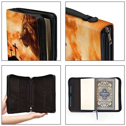 Jesuspirit - Lion & Cross - Zippered Bible Cover With Name - All These Things Will Be Added Unto You - Xlarge Size Leather Case With Handle - Matthew 6:33 - Worship Gift For Religious Leaders, Members