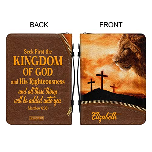 Jesuspirit - Lion & Cross - Zippered Bible Cover With Name - All These Things Will Be Added Unto You - Xlarge Size Leather Case With Handle - Matthew 6:33 - Worship Gift For Religious Leaders, Members