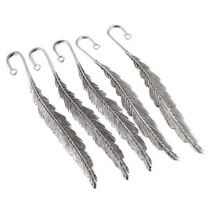 5 silver feather bookmarks, metal diy bookmark blanks