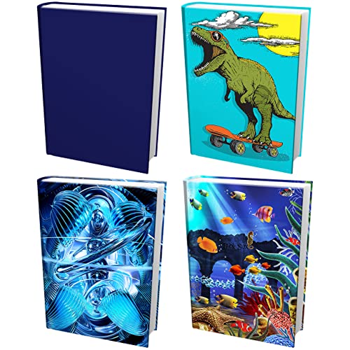 Easy Apply, Reusable Book Covers 4 Pk. Best Jumbo 9x11 Textbook Jackets for Back to School. Stretchable to Fit Most Large Hardcover Books. Perfect Fun, Washable Designs for Girls, Boys, Kids and Teens