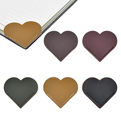 WANDIC Leather Heart Bookmark, 5 Pcs Heart Shape Corner Page Makers Handmade Reading Book Marker for Bookworm Book Lovers Gifts