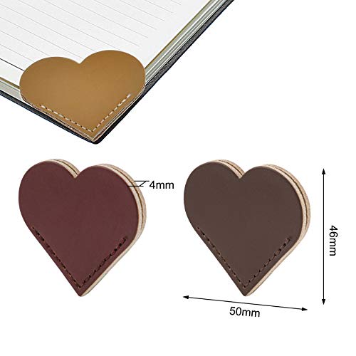 WANDIC Leather Heart Bookmark, 5 Pcs Heart Shape Corner Page Makers Handmade Reading Book Marker for Bookworm Book Lovers Gifts