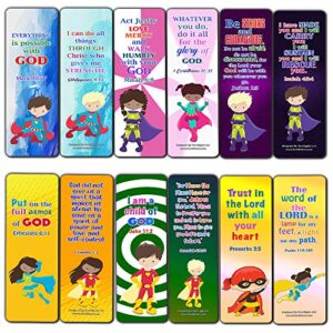 religious bookmarks for kids – super hero (12 pack) – collection of bible verses for kids – stocking stuffers devotional bible study – church ministry supplies teacher classroom incentive gifts