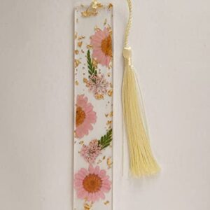 Pink Daisy Dry Flower Bookmark,Handmade Resin Dried Flower Bookmark with Tassels