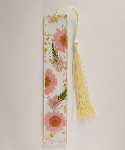 Pink Daisy Dry Flower Bookmark,Handmade Resin Dried Flower Bookmark with Tassels