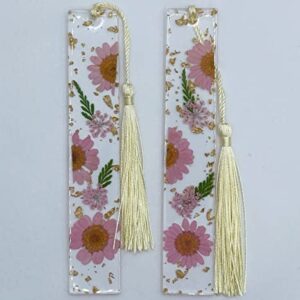 Pink Daisy Dry Flower Bookmark,Handmade Resin Dried Flower Bookmark with Tassels