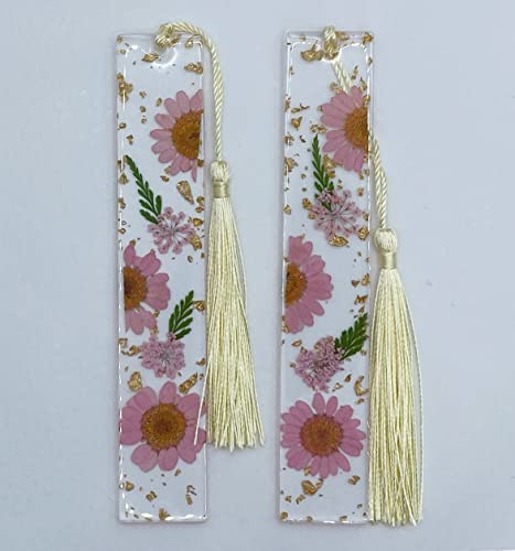 Pink Daisy Dry Flower Bookmark,Handmade Resin Dried Flower Bookmark with Tassels