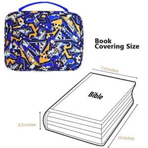 QTKJ Bible Covers for Women with Carrying Handle, Book Cover Case with Zipper Pocket Bible Cover for Mom Ladies Teens Girls, Geometry Pattern (Blue)