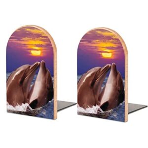 exquisite printed bookends,funny dolphin ocean sea sky heavy duty wood + metal book ends supports desktop books organizer book cds storage for office school library home