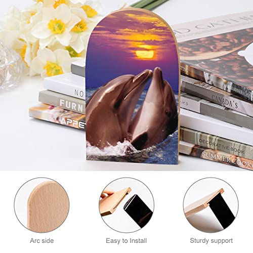 Exquisite Printed Bookends,Funny Dolphin Ocean Sea Sky Heavy Duty Wood + Metal Book Ends Supports Desktop Books Organizer Book Cds Storage for Office School Library Home