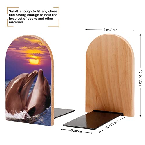 Exquisite Printed Bookends,Funny Dolphin Ocean Sea Sky Heavy Duty Wood + Metal Book Ends Supports Desktop Books Organizer Book Cds Storage for Office School Library Home