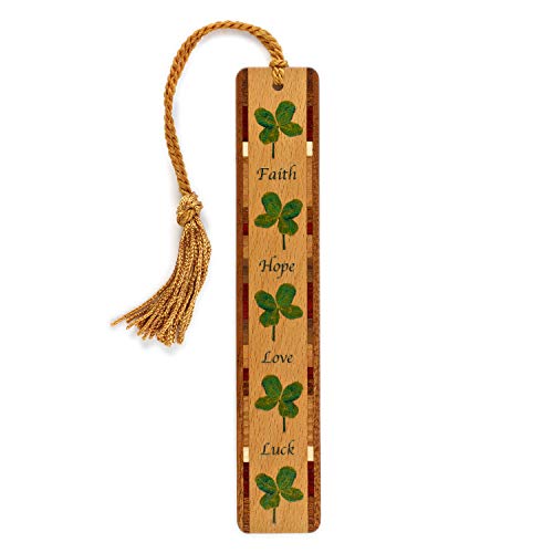 4 Leaf Lucky Clover (Faith Hope Love Luck) Wooden Bookmark with Tassel - Also Available with Personalization - Made in The USA