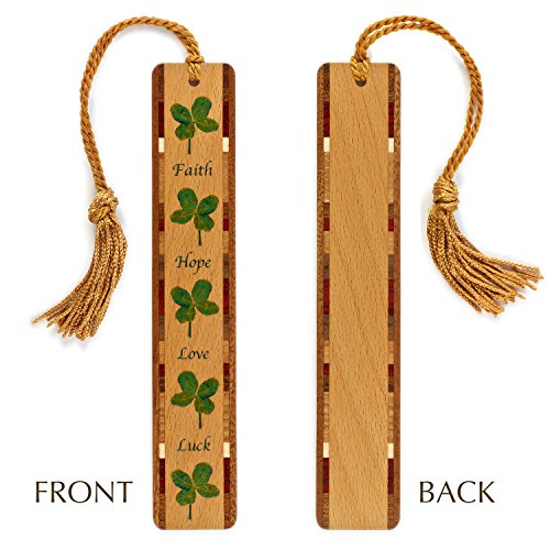 4 Leaf Lucky Clover (Faith Hope Love Luck) Wooden Bookmark with Tassel - Also Available with Personalization - Made in The USA