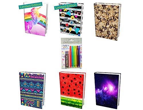 Book Sox - 6 Jumbo Prints Stretchable Book Covers with 2 Limited Editions: Unicorn and Retro and Bonus Package of Mechanical Color Pencils