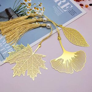 Micro Traders 3PCS Leaf Bookmarks Classical Vintage Hollow Metal Bookmarks with Tassel Retro Elegant Book Page Marks for Friends Family Classmates Reading Supplies Gold (318_CR)