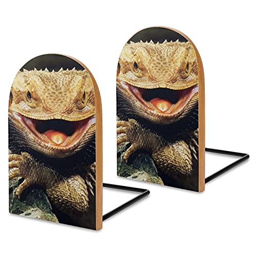 Cool Bearded Dragon Lizards Wooden Shelves Bookends Desktop Book Stand Book Ends Books Holder for Library School Home Office Study Bedroom Decoration（Logs）