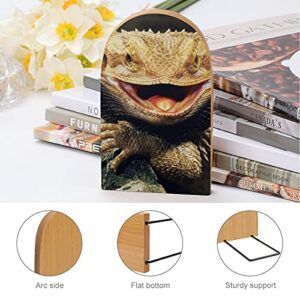 Cool Bearded Dragon Lizards Wooden Shelves Bookends Desktop Book Stand Book Ends Books Holder for Library School Home Office Study Bedroom Decoration（Logs）