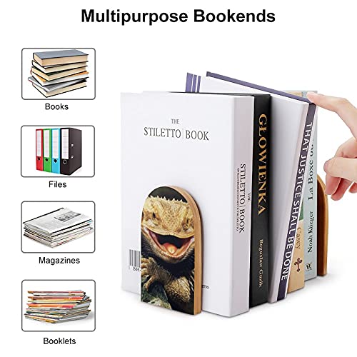 Cool Bearded Dragon Lizards Wooden Shelves Bookends Desktop Book Stand Book Ends Books Holder for Library School Home Office Study Bedroom Decoration（Logs）