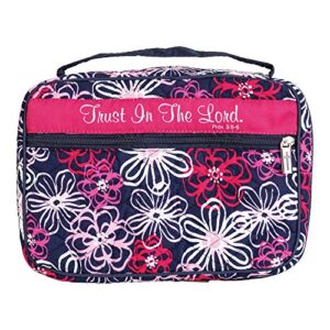 pink floral trust him quilted 8.5 x 6.5 fabric zippered bible cover case handle, thinline