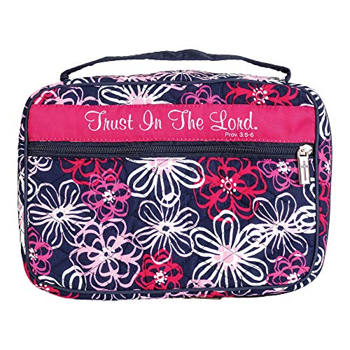 Pink Floral Trust Him Quilted 8.5 x 6.5 Fabric Zippered Bible Cover Case Handle, Thinline