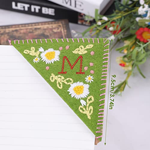 TIESOME Personalized Hand Embroidered Corner Bookmark, Hand Stitched Felt Corner Letter Bookmark Felt Triangle Bookmark Cute Flower Letter Embroidery Bookmarks for Book Lovers (M, Summer)